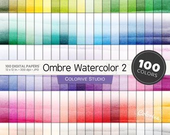 Ombre Watercolor Digital Paper 100 Rainbow Colors Gradient Water Colour ...