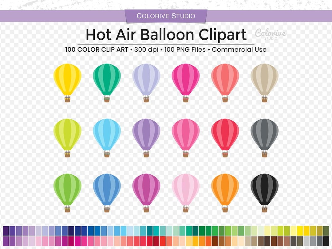 Rainbow Hot Air Balloon Clipart: 100 PNG Illustrations (digital ...