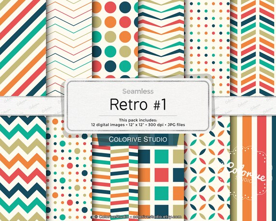 Retro Digital Paper Stripes Chevron Polka Dot Squares - Etsy