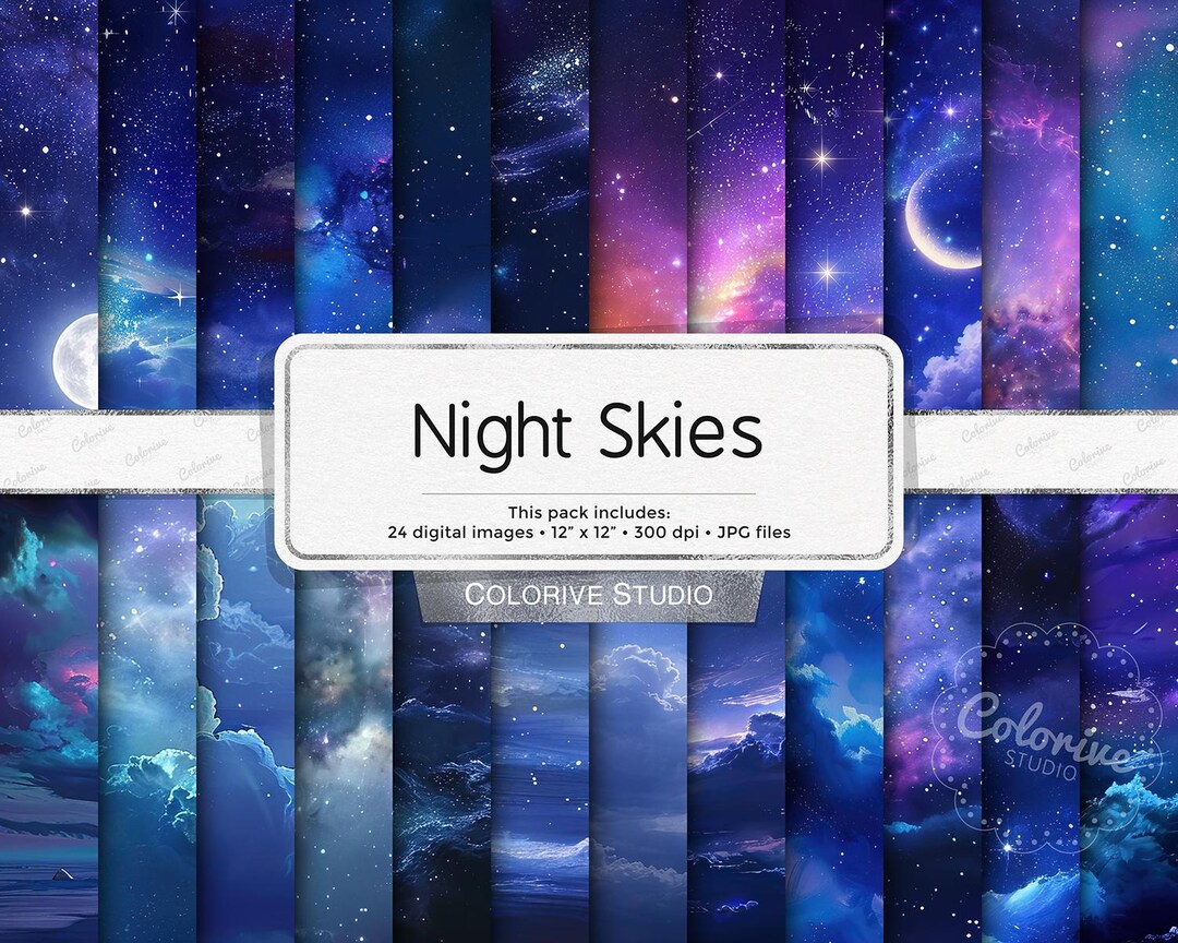 Night Skies Digital Paper Starry Sky Cloud Moon Backgrounds (digital ...