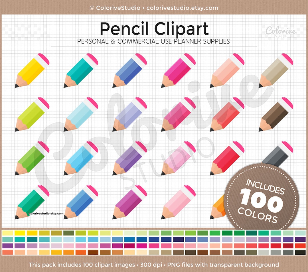 100 Pencil Clipart in Rainbow Colors Office School Png - Etsy
