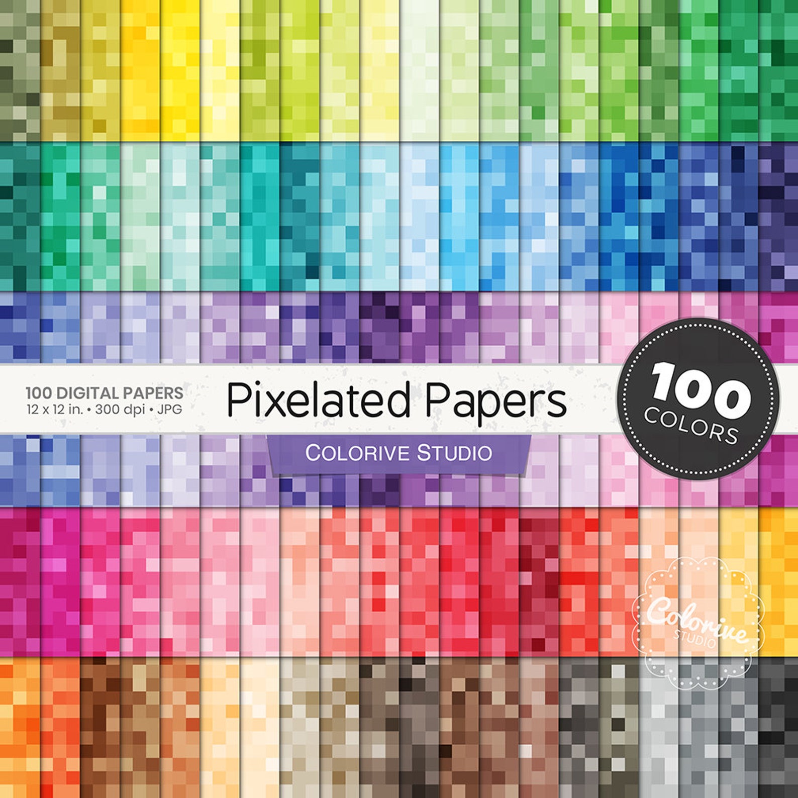 Pixelated Digital Paper 100 Rainbow Colors Pixels Background Pattern ...