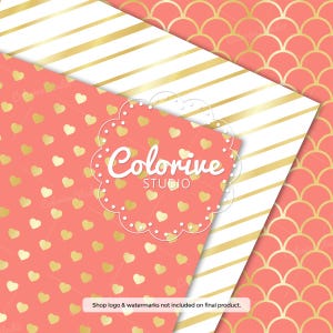 Coral, White & Gold Digital Paper, White and Gold, Coral and Gold ...