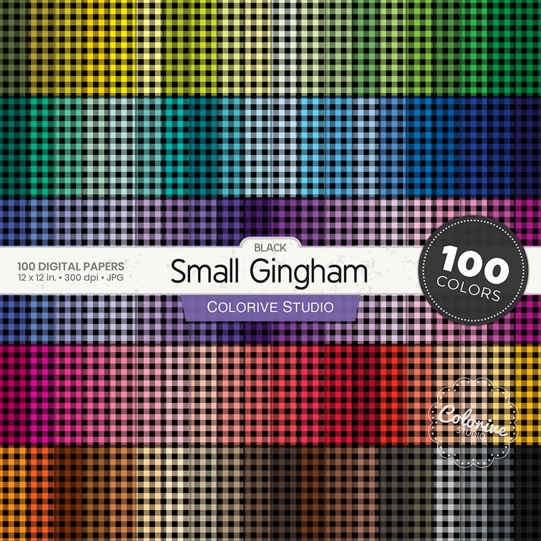 Small Gingham Digital Paper 100 Rainbow Colors Black Horizontal ...
