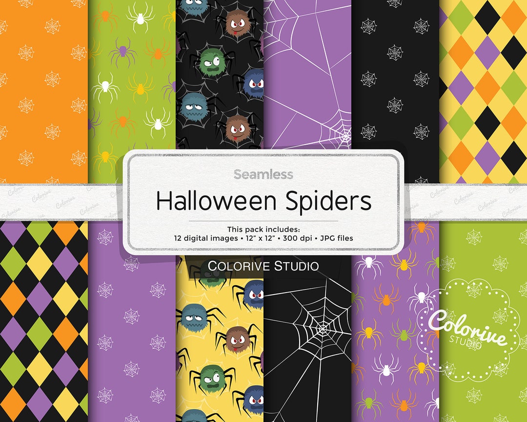 Halloween Digital Paper, Spiders and Webs Pattern in Purple Green ...