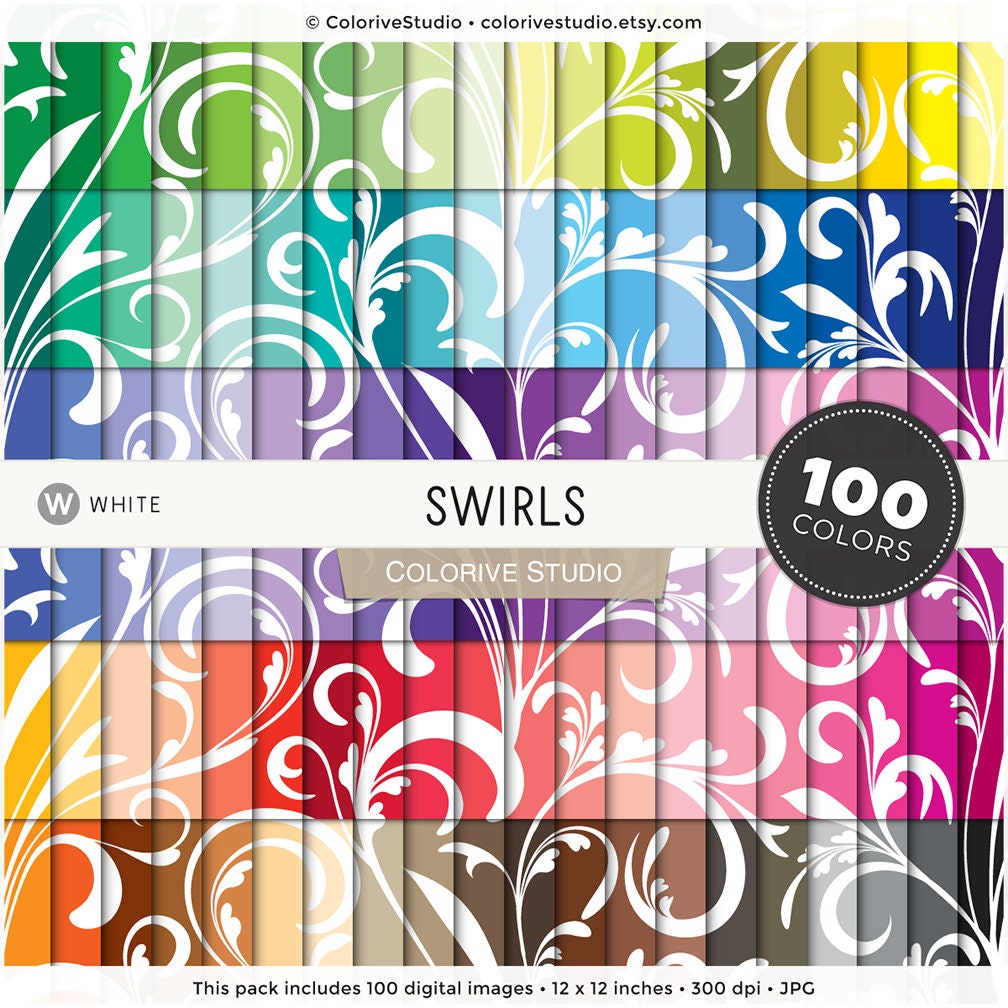 Swirls Digital Paper 100 Rainbow Colors Simple White Floral - Etsy