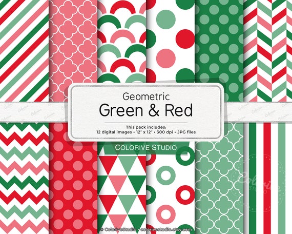 Green & Red Digital Paper Polka Dot Chevron Stripes Scales | Etsy