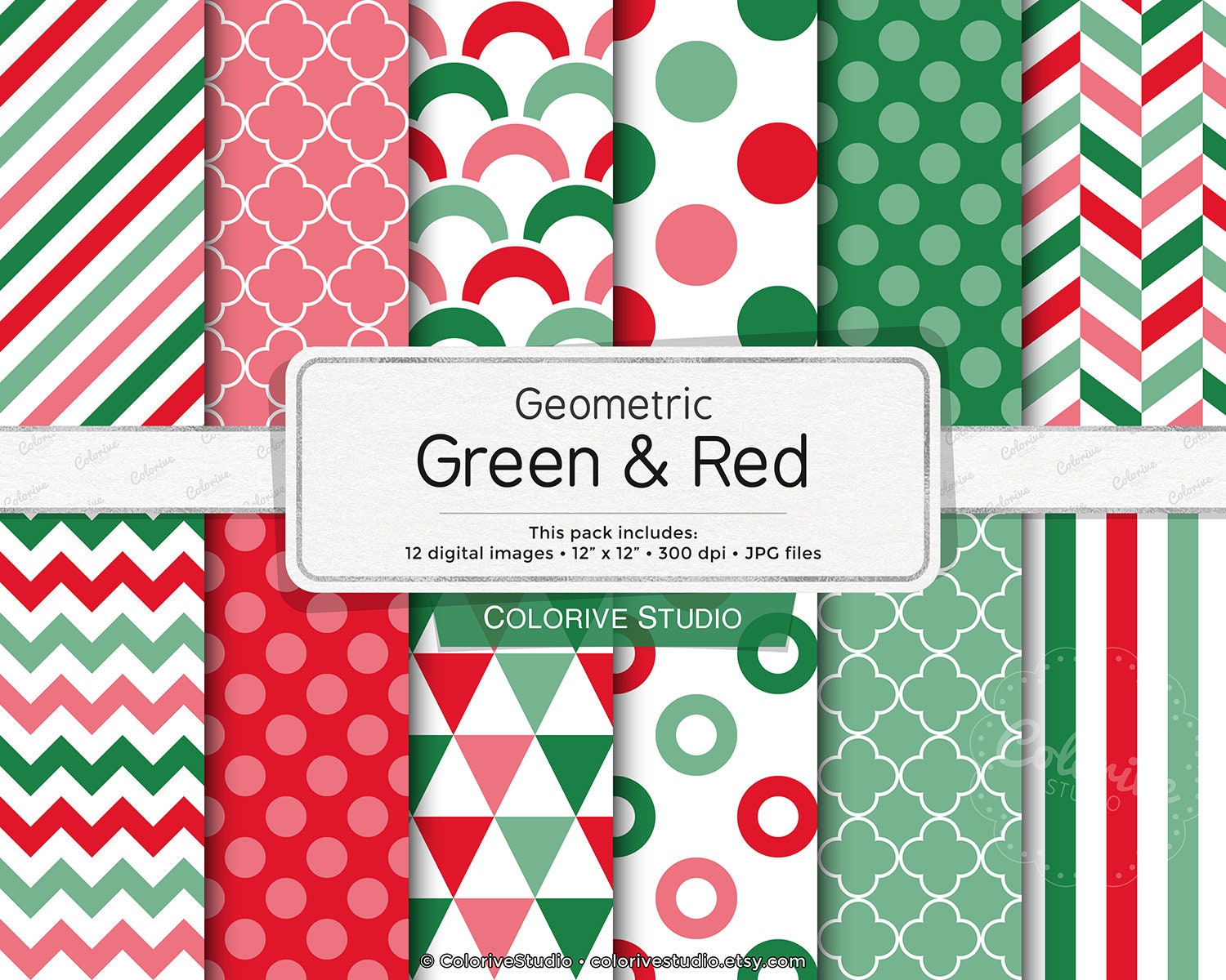 Green & Red Digital Paper Polka Dot Chevron Stripes Scales | Etsy