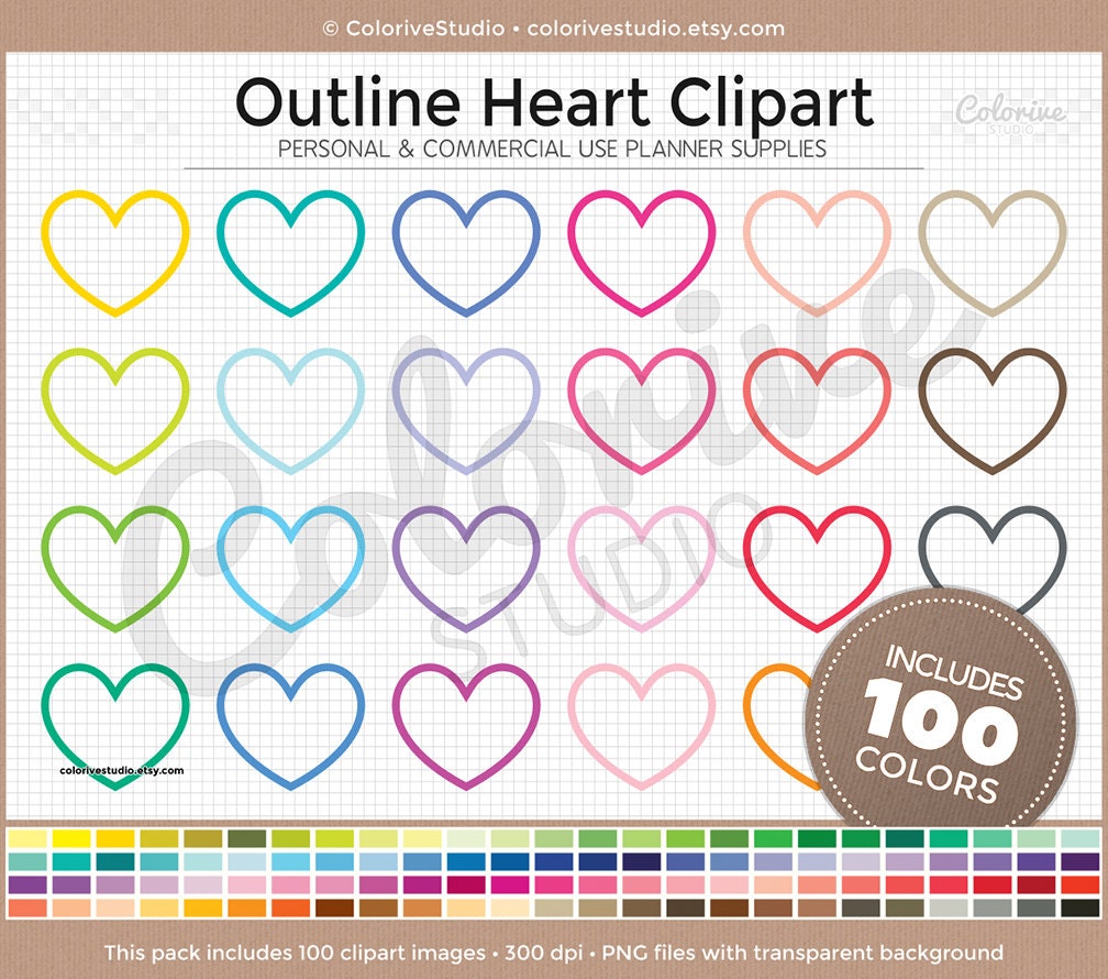 100 Outline Heart Clipart in Rainbow Colors Solid Flat Hearts | Etsy