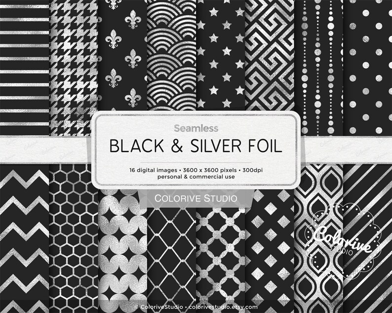 Black and Silver Digital Papers Seamless Geometric Silver - Etsy