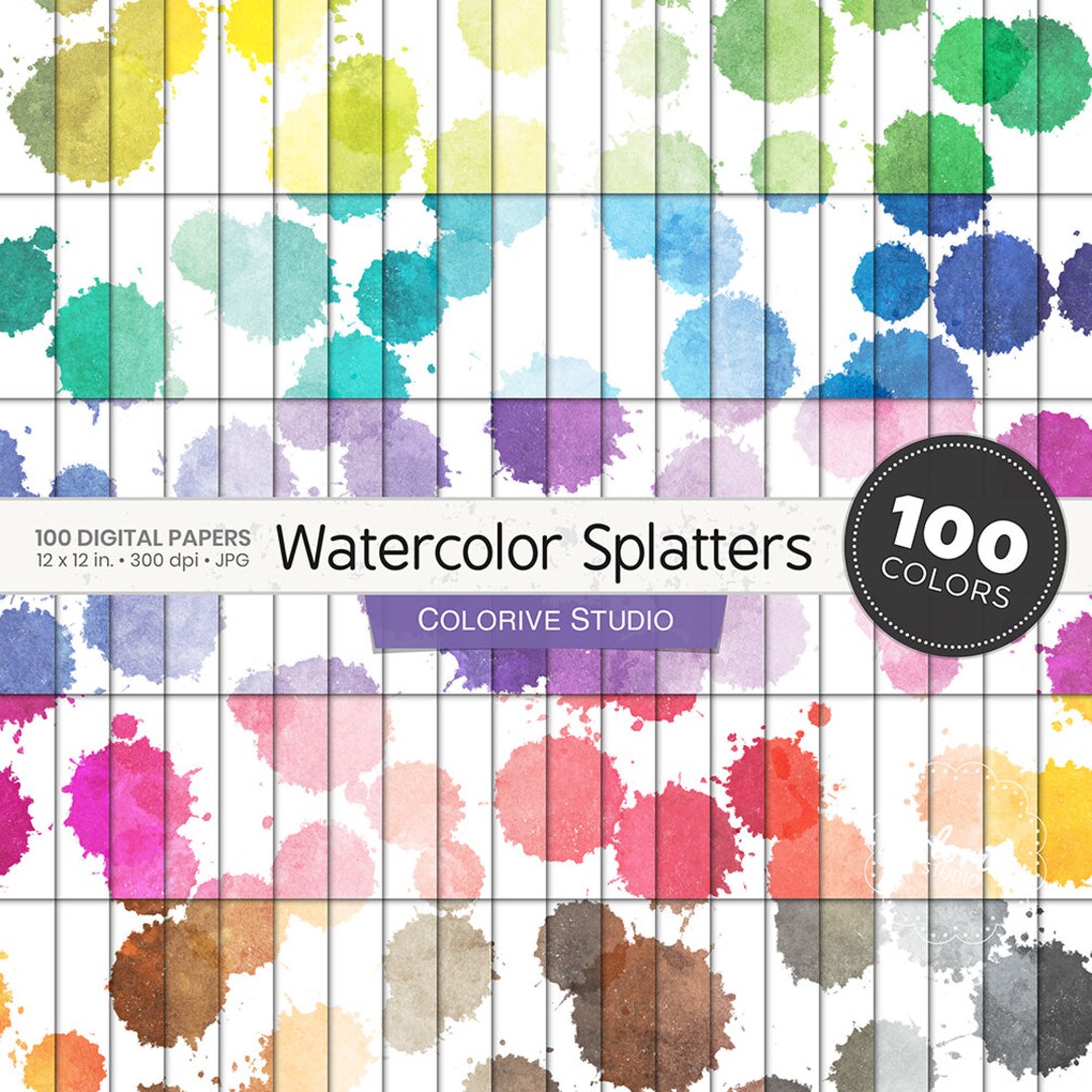Watercolor Splatters Digital Paper 100 Rainbow Colors Water Colour Drop ...
