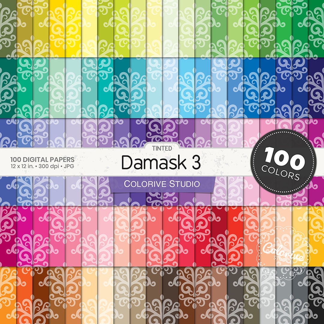 Tinted Damask 3 Digital Paper 100 Rainbow Colors Simple Damask Pattern ...
