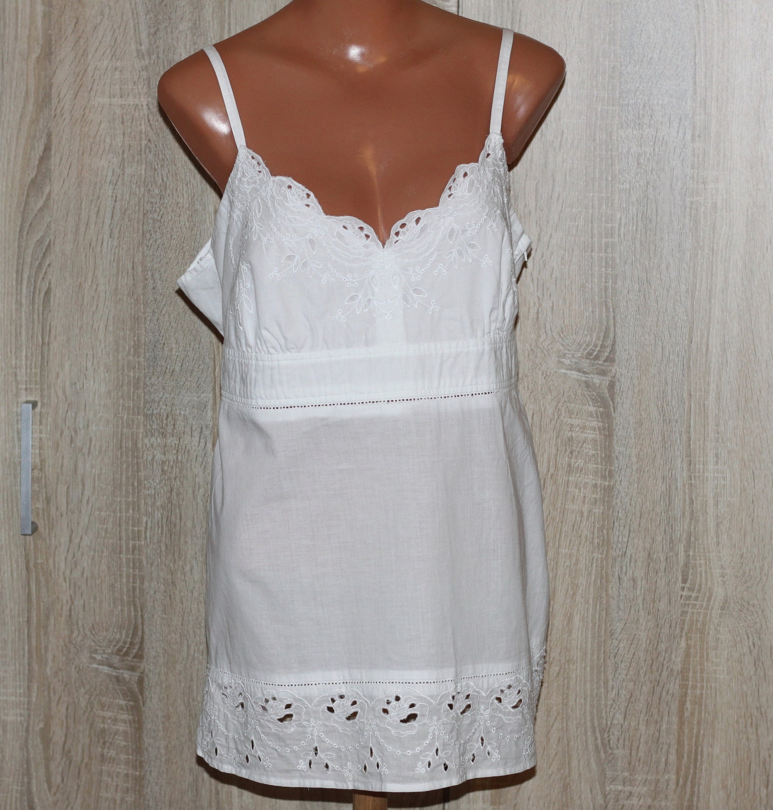 White Cotton Blouse, Spaghetti Straps, Cut Work Embroidery, Size UK 18 ...