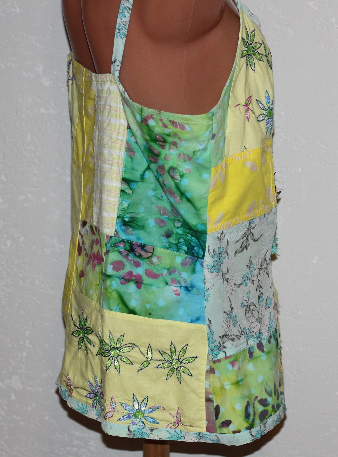 Boho Patchwork Yellow Green Silk Cotton Embroidered Top Blouse Size L ...