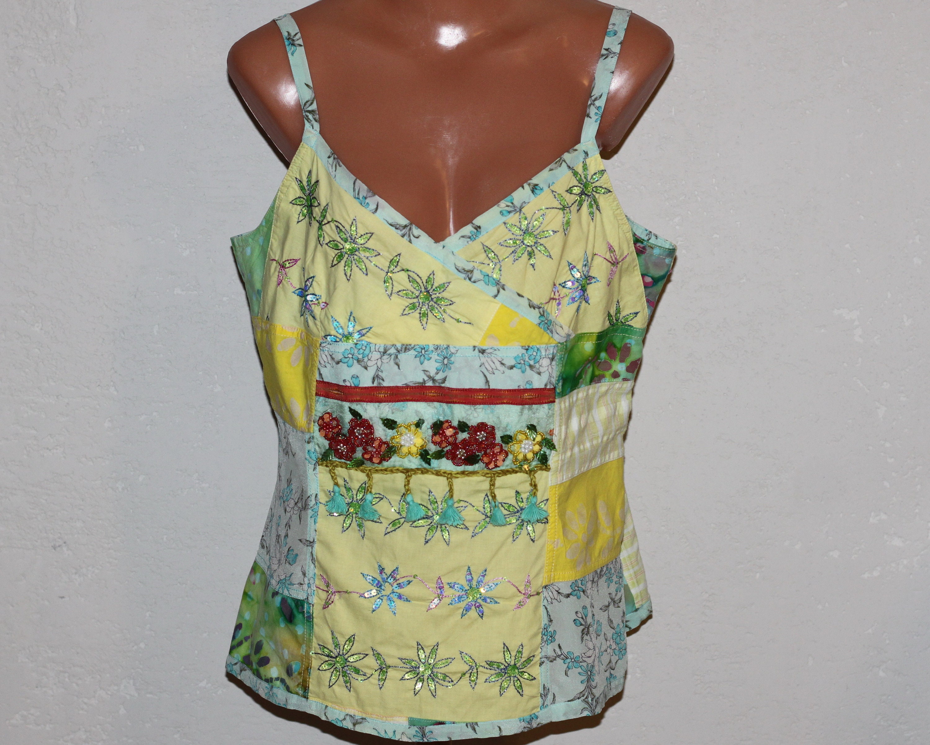 Boho Patchwork Yellow Green Silk Cotton Embroidered Top Blouse Size L ...