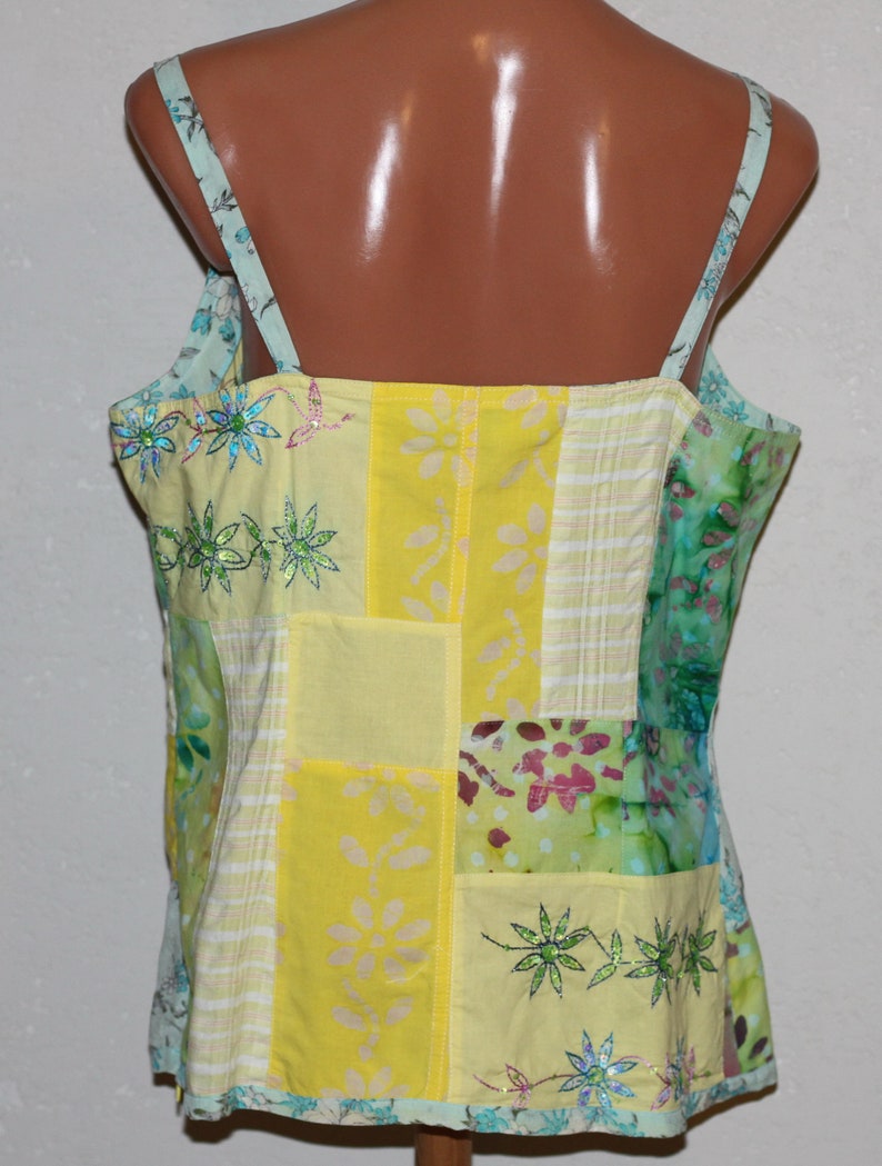 Boho Patchwork Yellow Green Silk Cotton Embroidered Top Blouse Size L ...