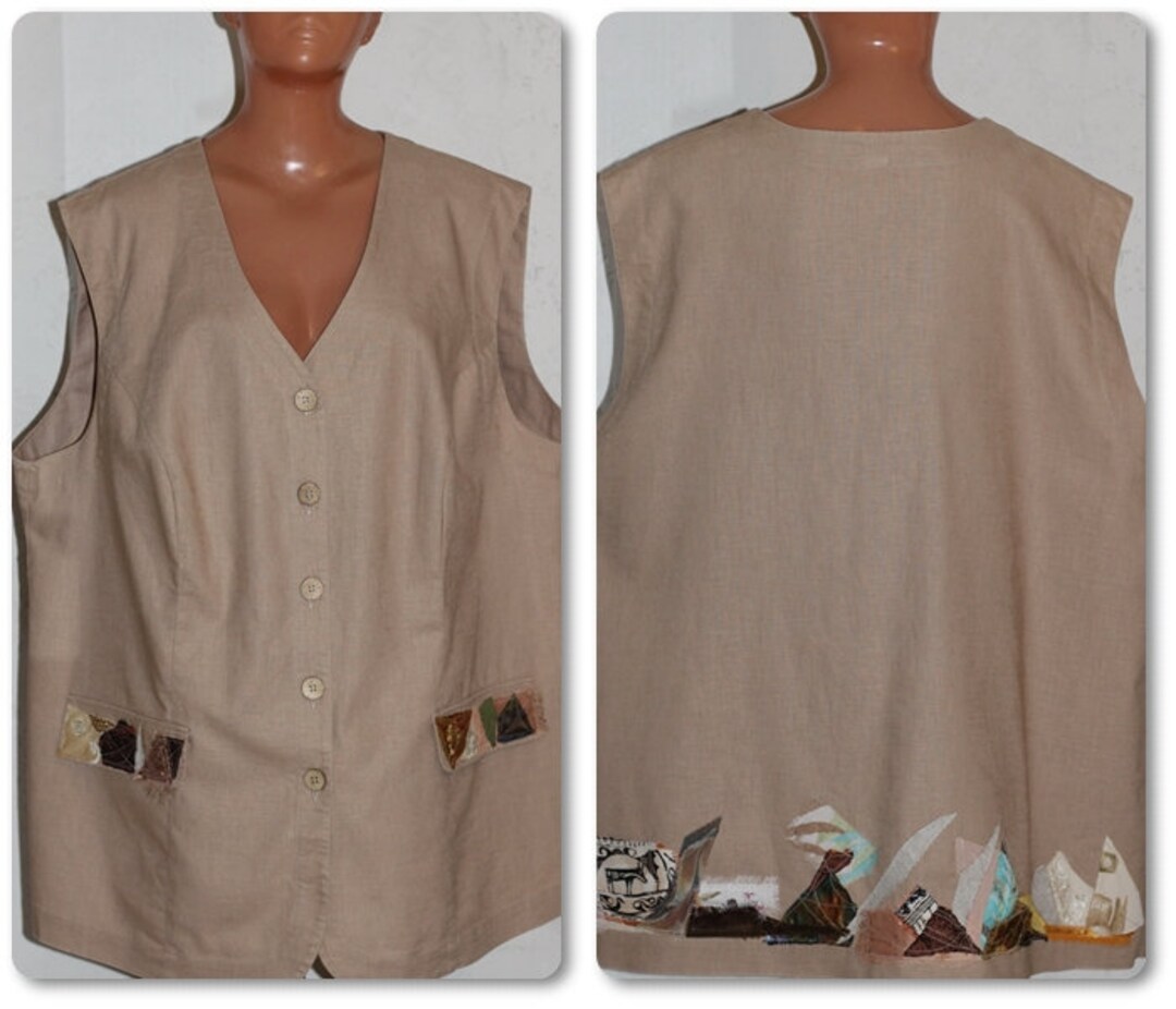 Beige Linen Cotton Blend Waistcoat Vest Textile Applications Plus Size ...