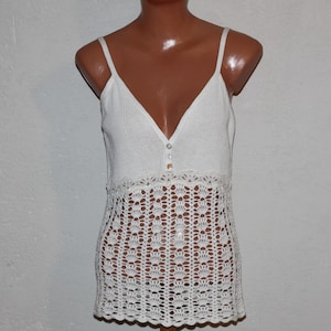 White Knitted Crocheted Sleeveless Spaghetti Strap Top With Lace Size S ...