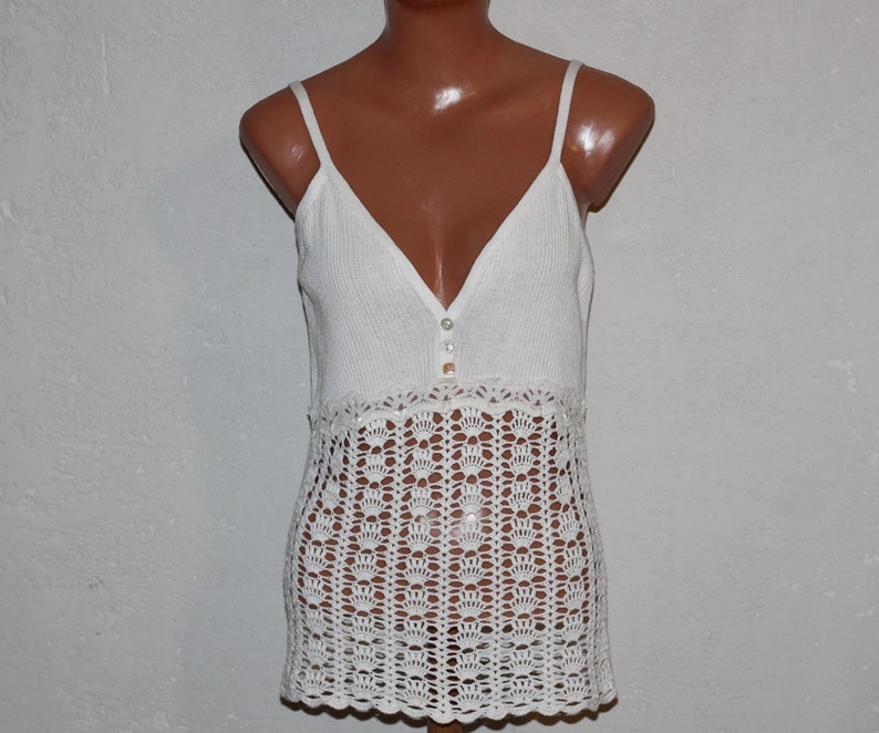 White Knitted Crocheted Sleeveless Spaghetti Strap Top With Lace Size S ...