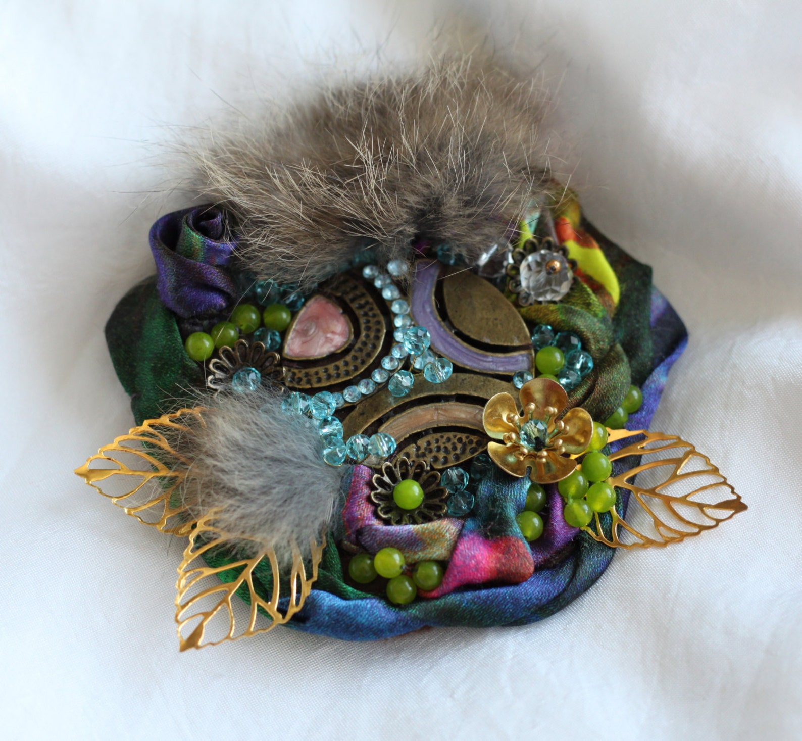 Natural Fur Crystal Beads Satin Original Brooch Gift - Etsy