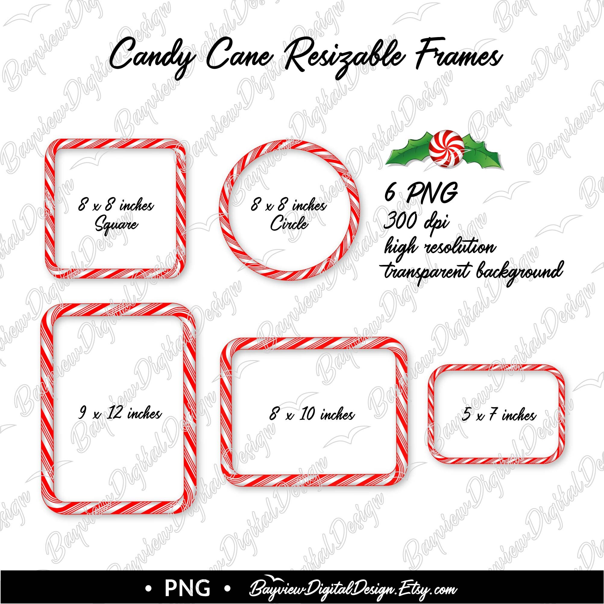 Candy Cane Christmas Photo Frames: Peppermint Holly PNG (digital ...