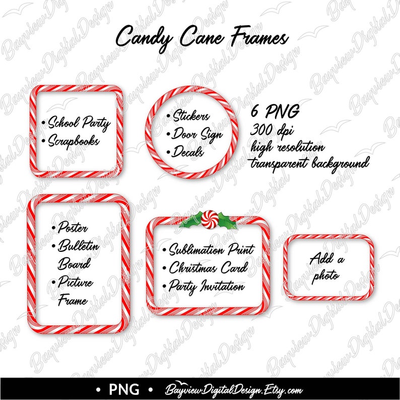 Candy Cane Christmas Photo Frames: Peppermint Holly PNG (digital ...