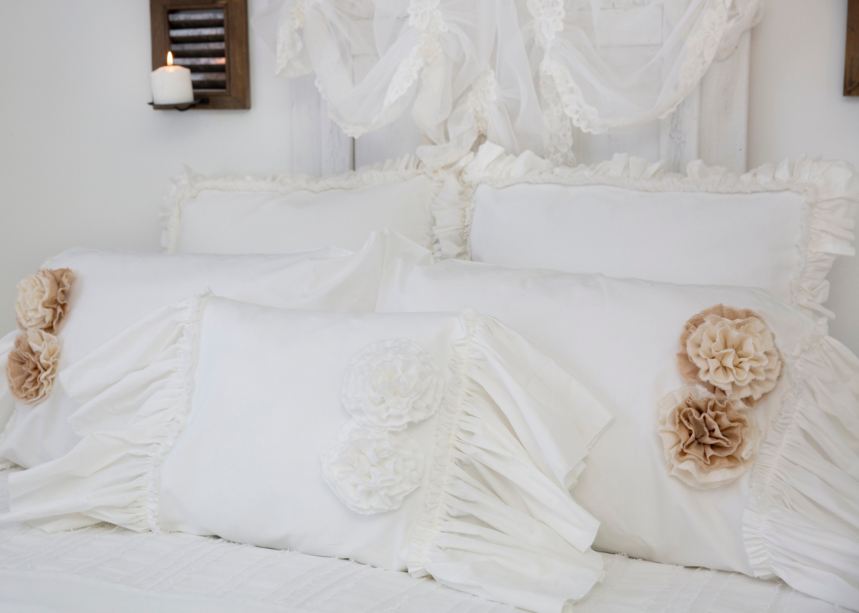 Pillowcase ruffle beige flowersShabby chic beddingGift for | Etsy