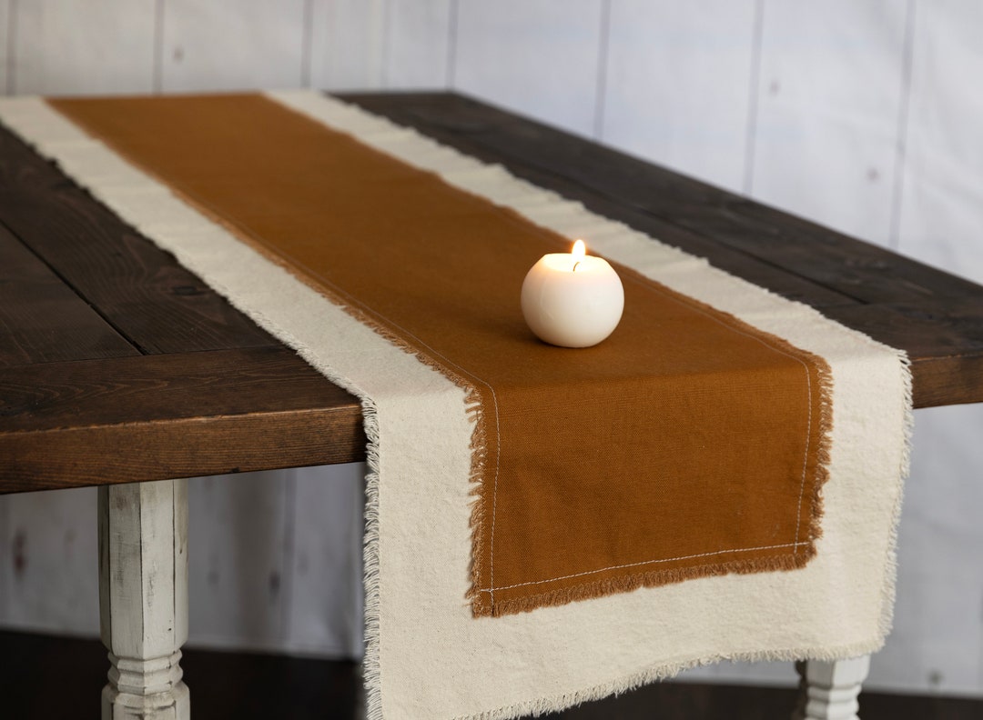 Rustic Farmhouse Cotton Table Runner With Frayed Edge – Cream and ...