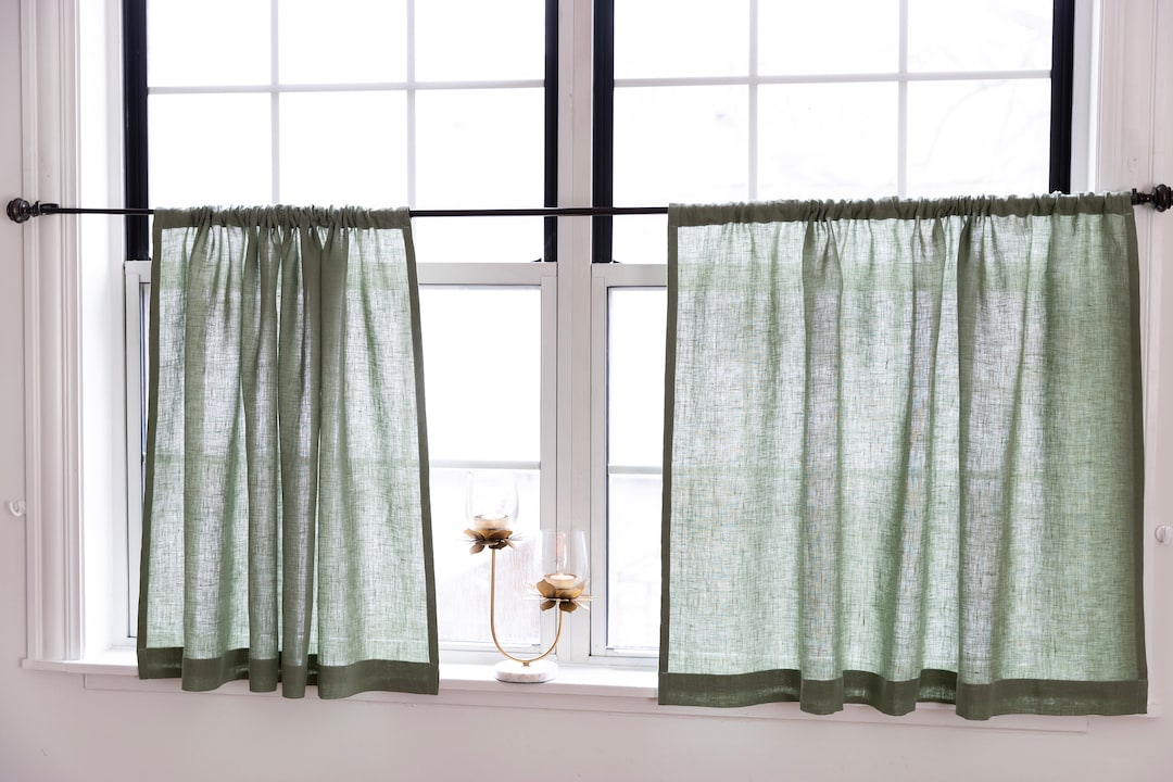 Linen Cafe Curtains|medium Green Linen|kitchen Curtains|1 Panel,short ...