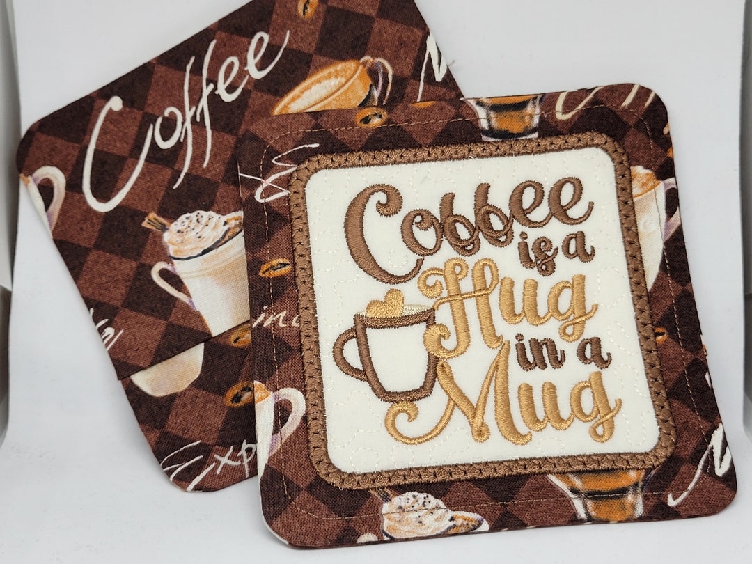 Handcrafted Embroidered Fabric Mug Rug Coasters Coffee Caffeine Set #1 ...