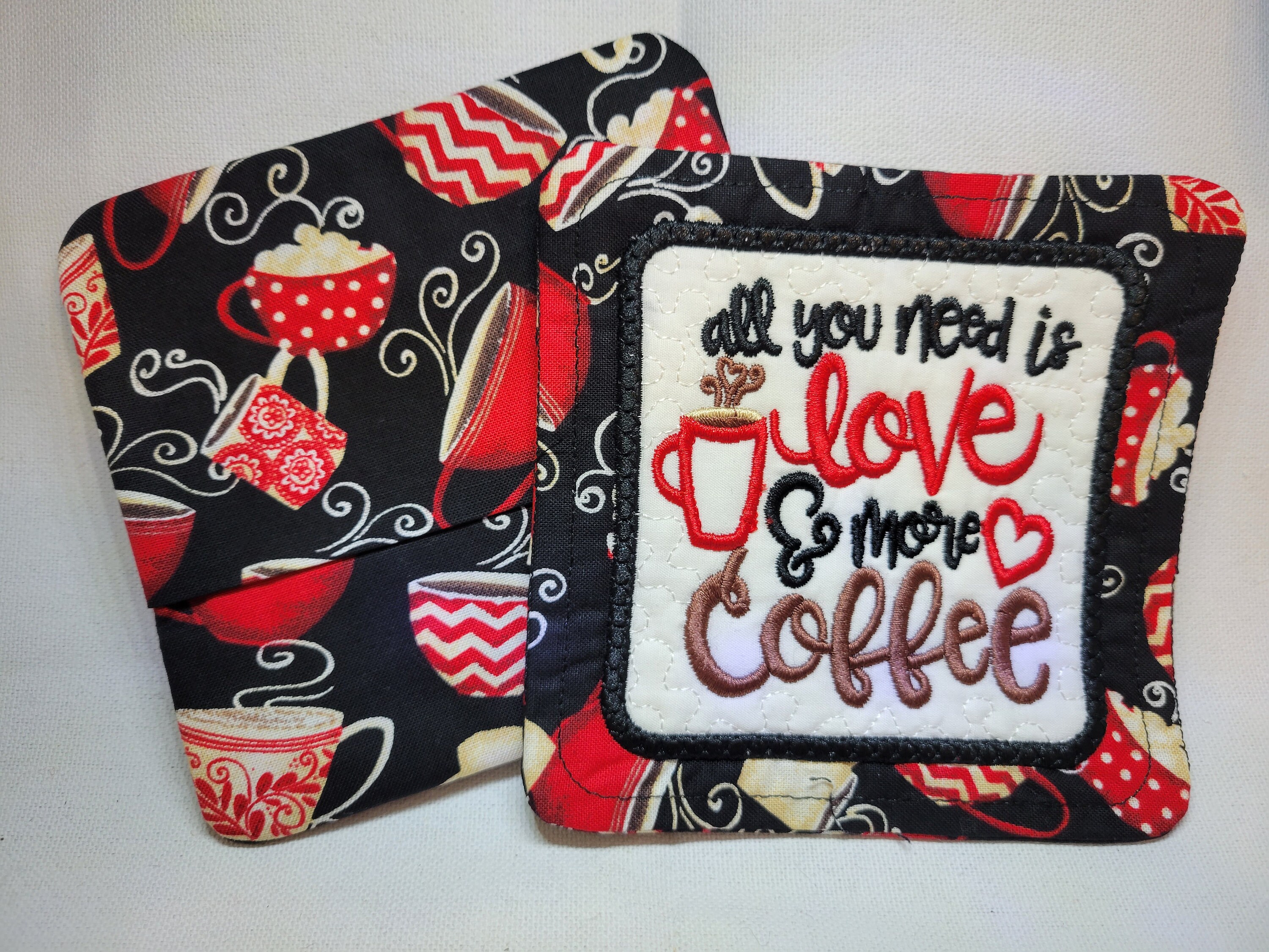 Handcrafted Embroidered Fabric Mug Rug Coasters Coffee Caffeine Set #1 ...