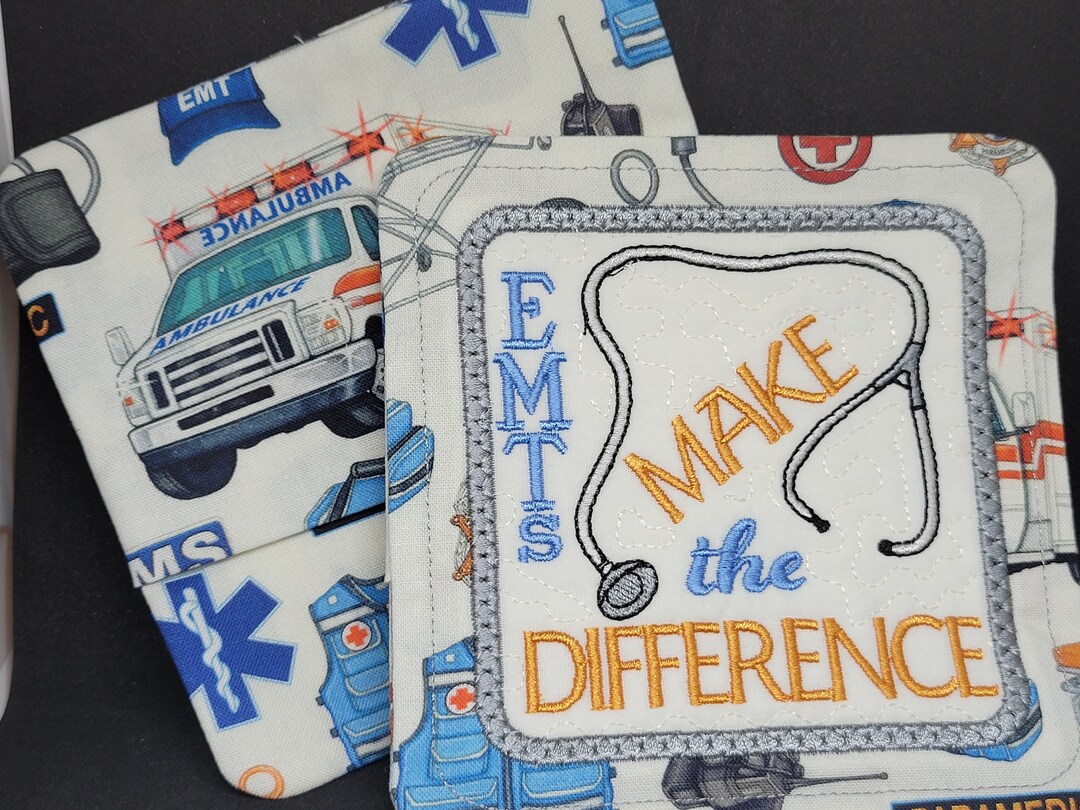 Handcrafted Embroidered Fabric Mug Rug Coasters EMT EMS Emergency ...