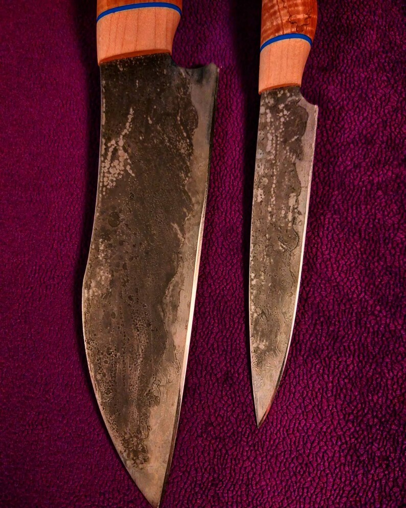 Hand Forged Kitchen Chef Knife Set With Etched Hamon 2 Knives and Block ...