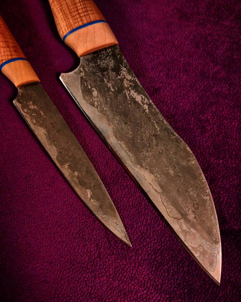 Hand Forged Kitchen Chef Knife Set With Etched Hamon 2 Knives and Block ...
