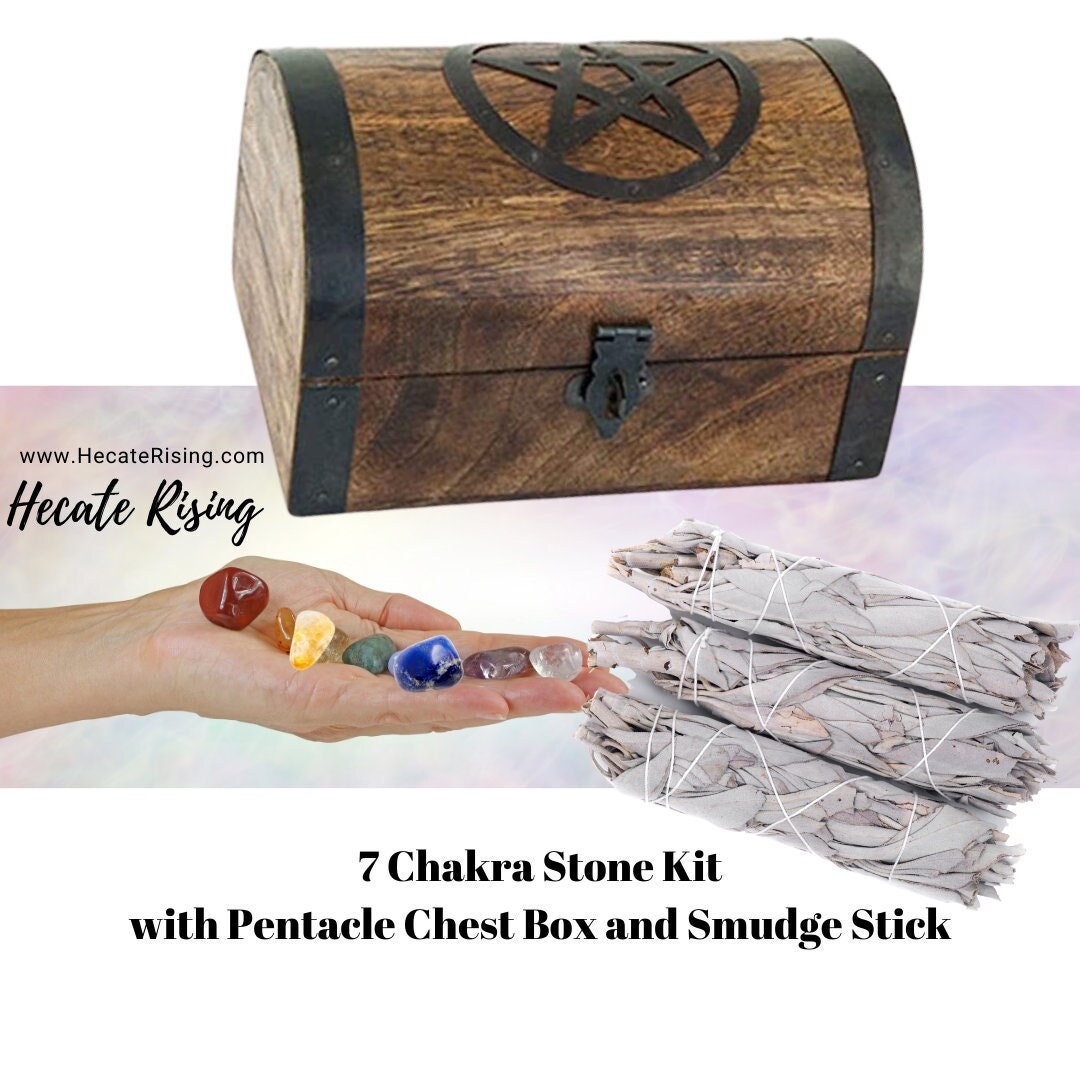7 Chakra Stone Kit With Pentacle Chest Box and Smudge Stick - Etsy