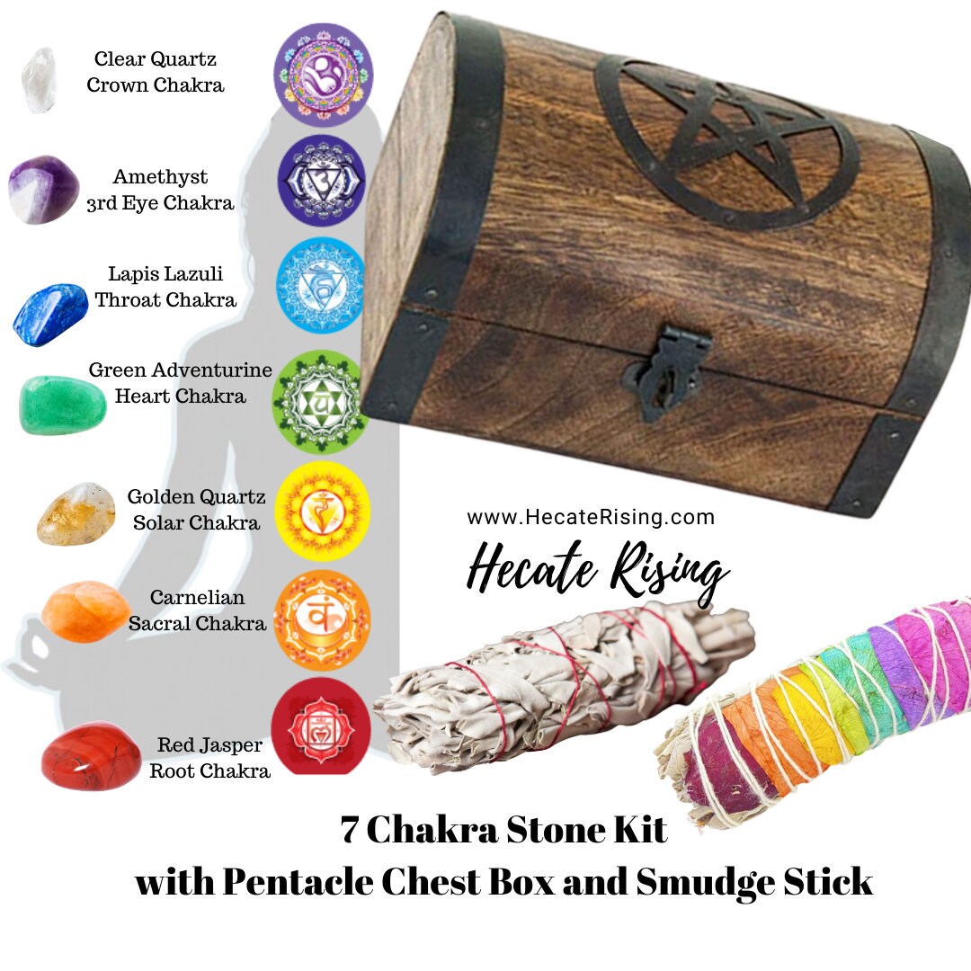 7 Chakra Stone Kit With Pentacle Chest Box and Smudge Stick - Etsy