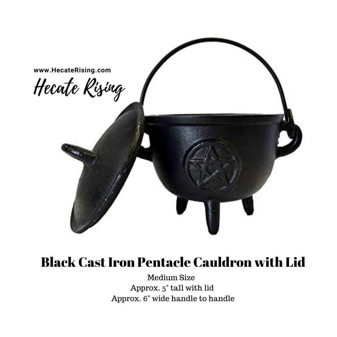 Black Cast Iron Cauldron with Lid Medium Size Pentacle or Triple Moon ...