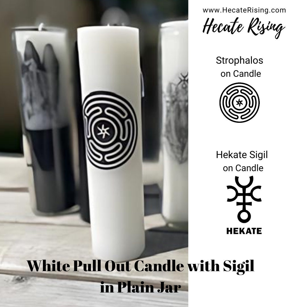 Hand Made WHITE 7 Day Pull Out Candles With Hecate Sigil and PLAIN Jar ...