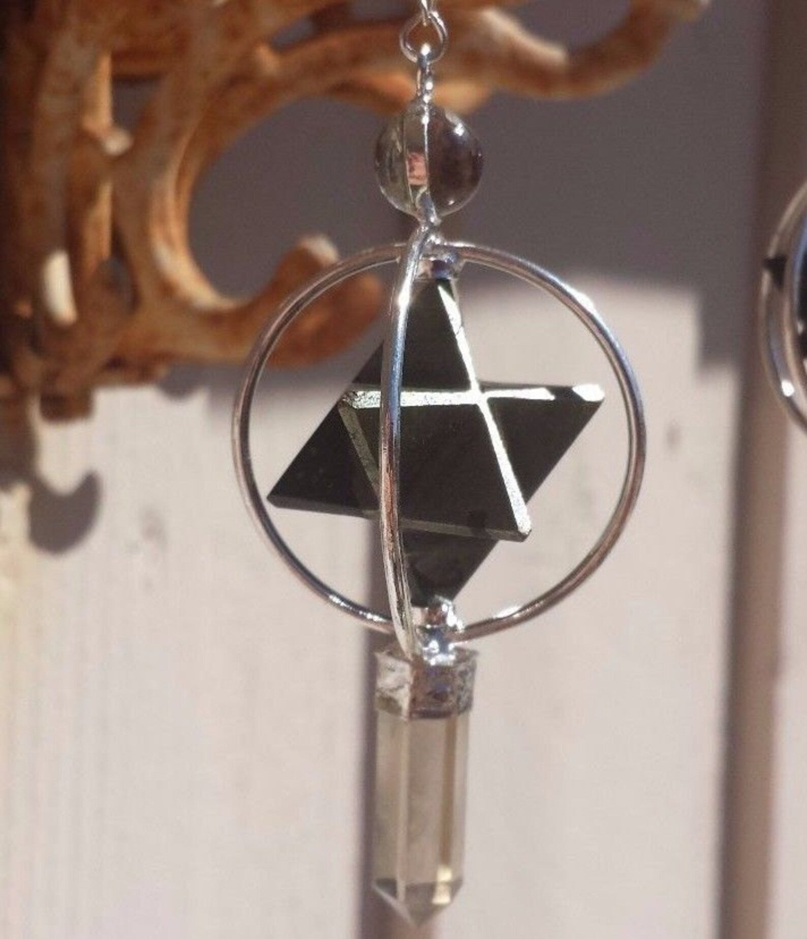 Natural PYRITE Gemstone 3 Stone Merkaba Spinning Star Faceted Pendulumn ...