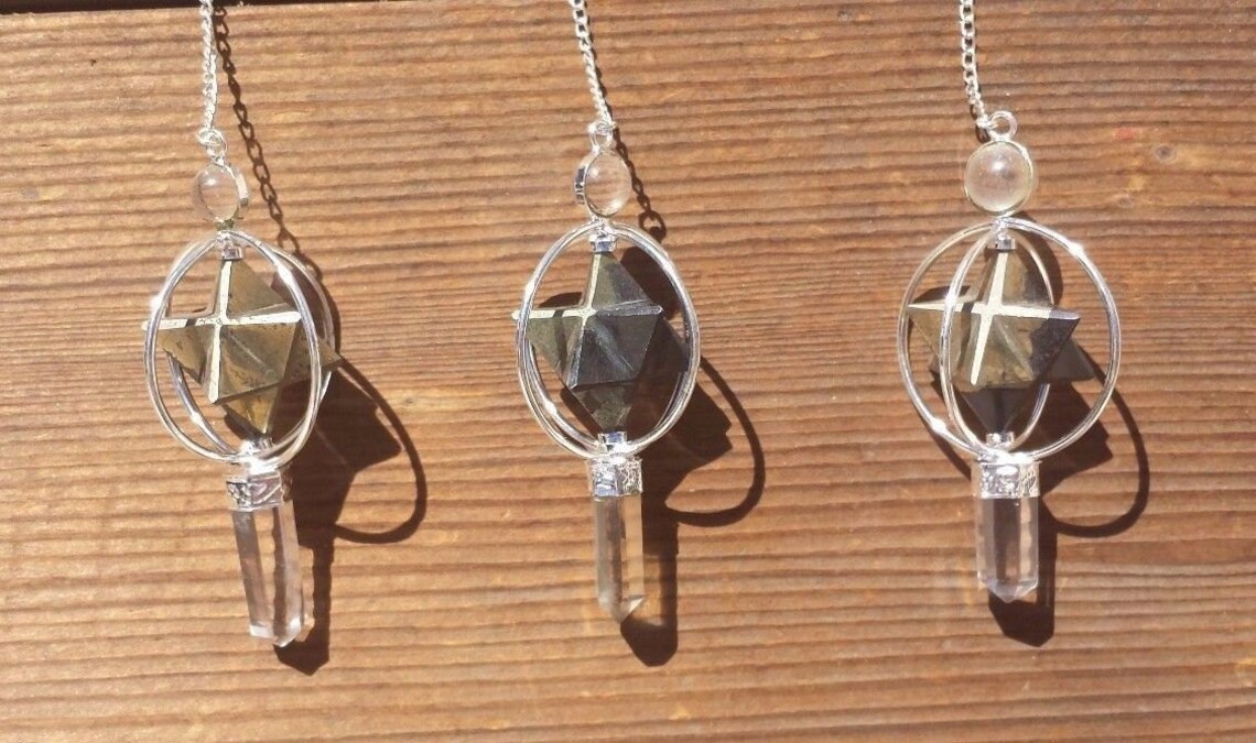 Natural PYRITE Gemstone 3 Stone Merkaba Spinning Star Faceted Pendulumn ...