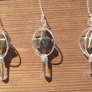 Natural PYRITE Gemstone 3 Stone Merkaba Spinning Star Faceted Pendulumn ...