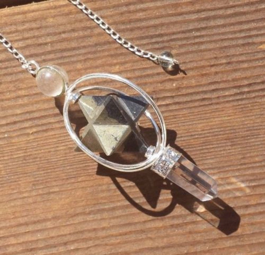 Natural PYRITE Gemstone 3 Stone Merkaba Spinning Star Faceted Pendulumn ...