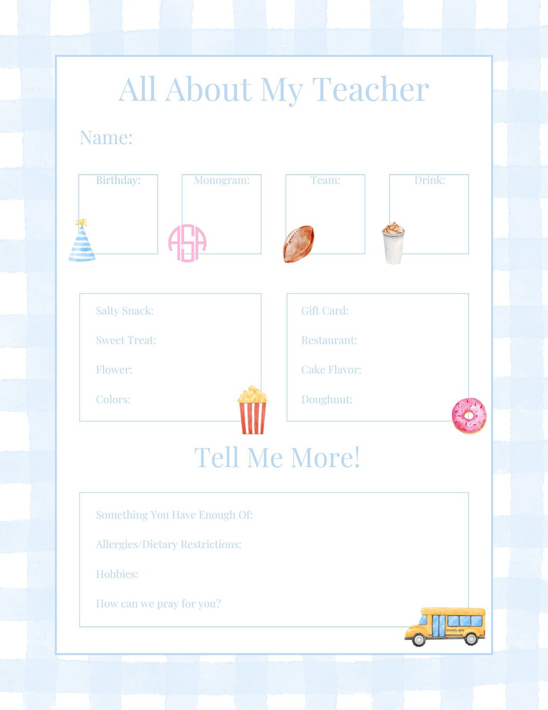 All About My Teacher Gift Sheet - Etsy