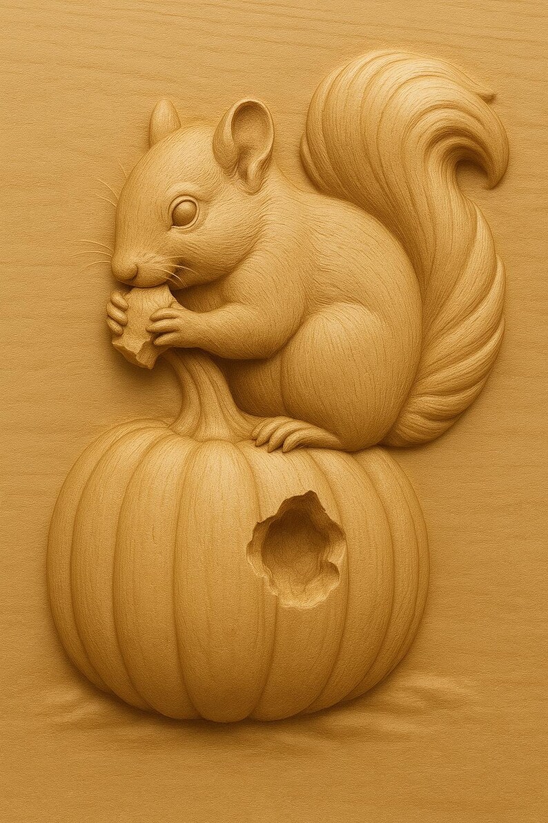 Squirrel Eating Pumpkin – CNC Bas Relief STL + Grayscale | 3D Carving ...