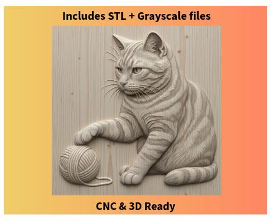 Cat Playing With Yarn Ball Bas-relief | STL + Grayscale PNG | CNC ...