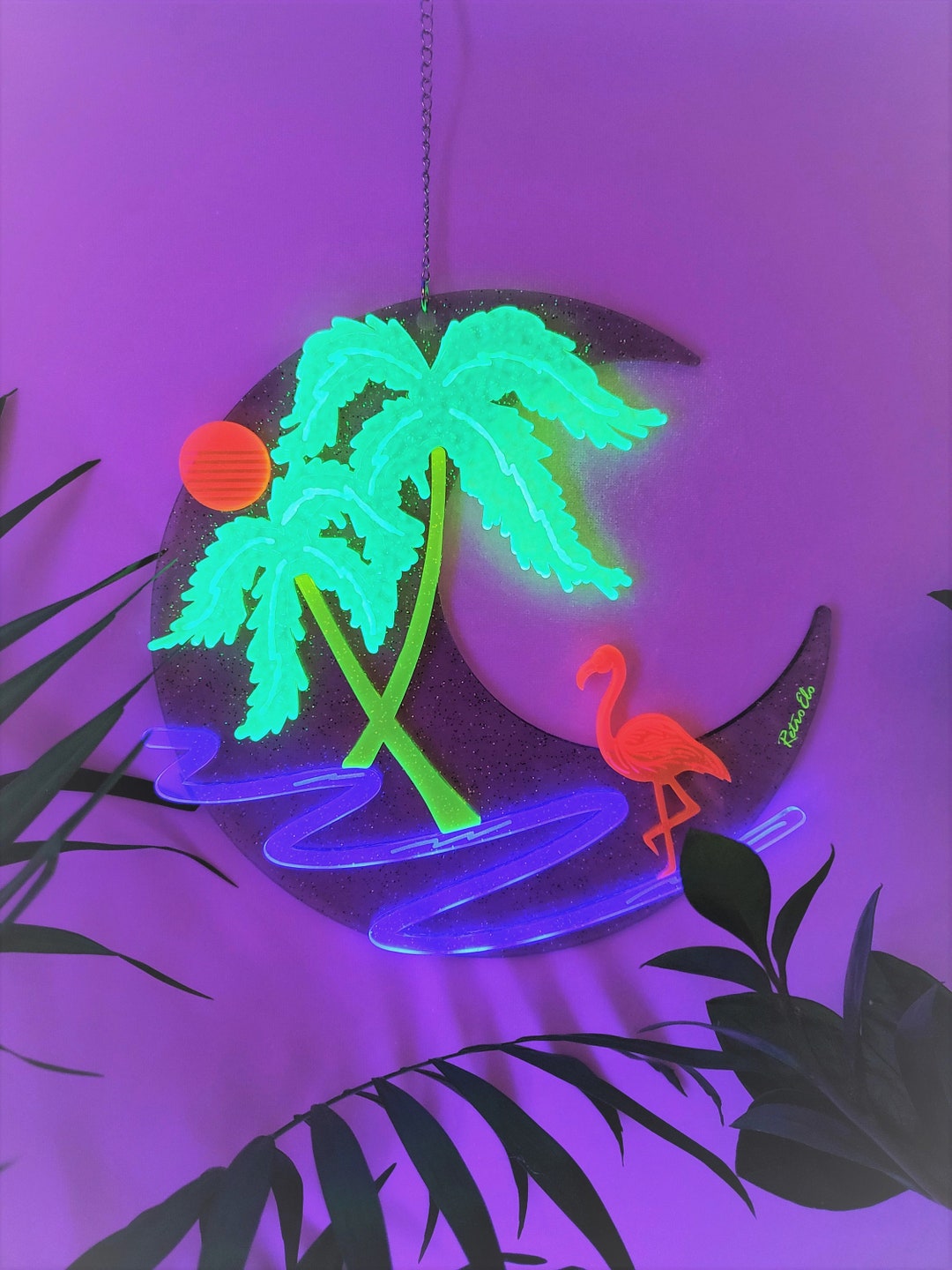 1980s Los Angeles-blacklight Crescent Moon Acrylic Art Wall Hanging ...