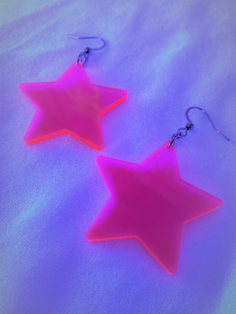 Fluorescent Pink Star Earrings Blacklight Earrings 80s - Etsy