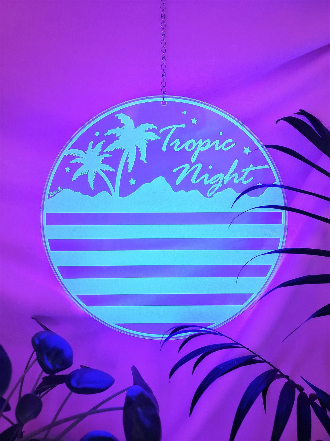 Tropic Night-retro Synthwave Blue Moon Acrylic Art Wall Hanging Circle ...
