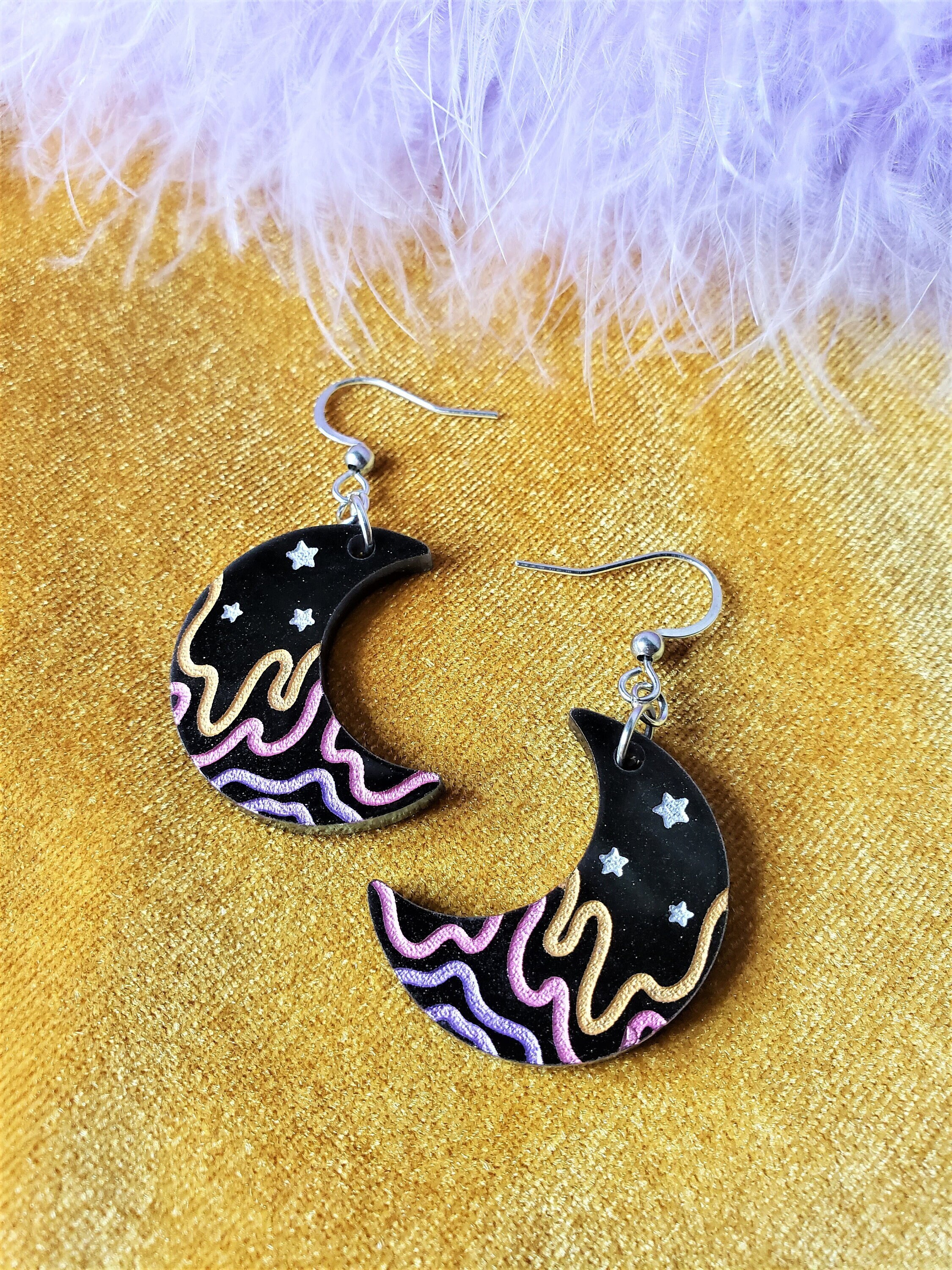 Black Drippy Crescent Moon Earrings Hand Painted Halloween - Etsy