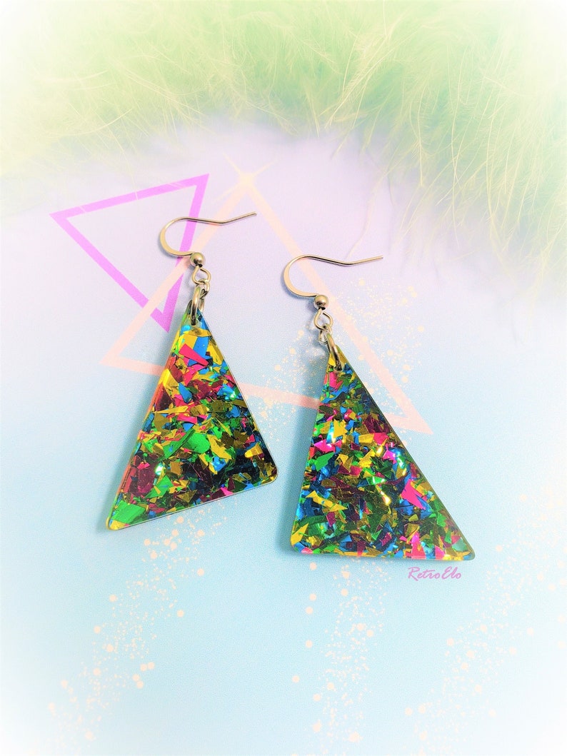 80s Inspired Chunky Glitter Triangle Earrings Geometric - Etsy